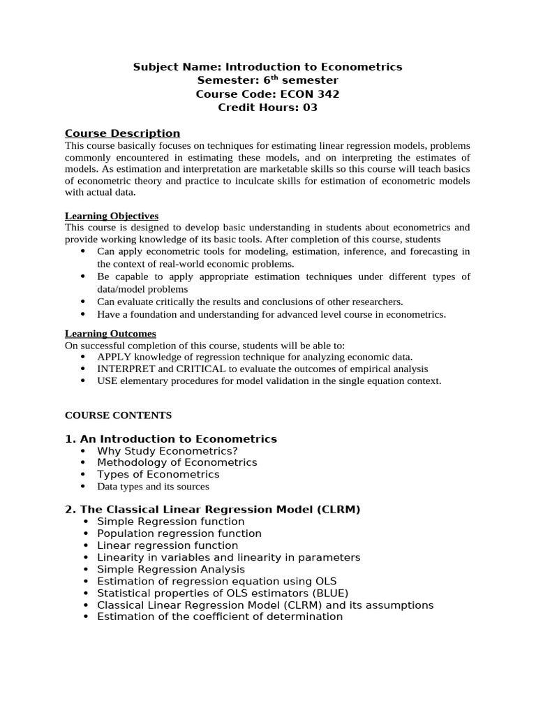 Econometrics, course outlines-1 | PDF | Regression Analysis | Econometrics