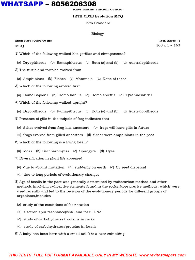 12th Cbse Evolution MCQ Qa em | PDF | Homo | Evolution