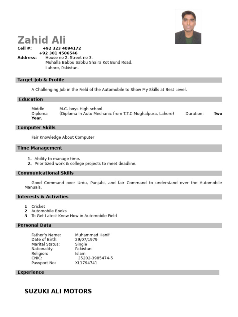 CV zahid ali | PDF | Motor Vehicle | Vehicles