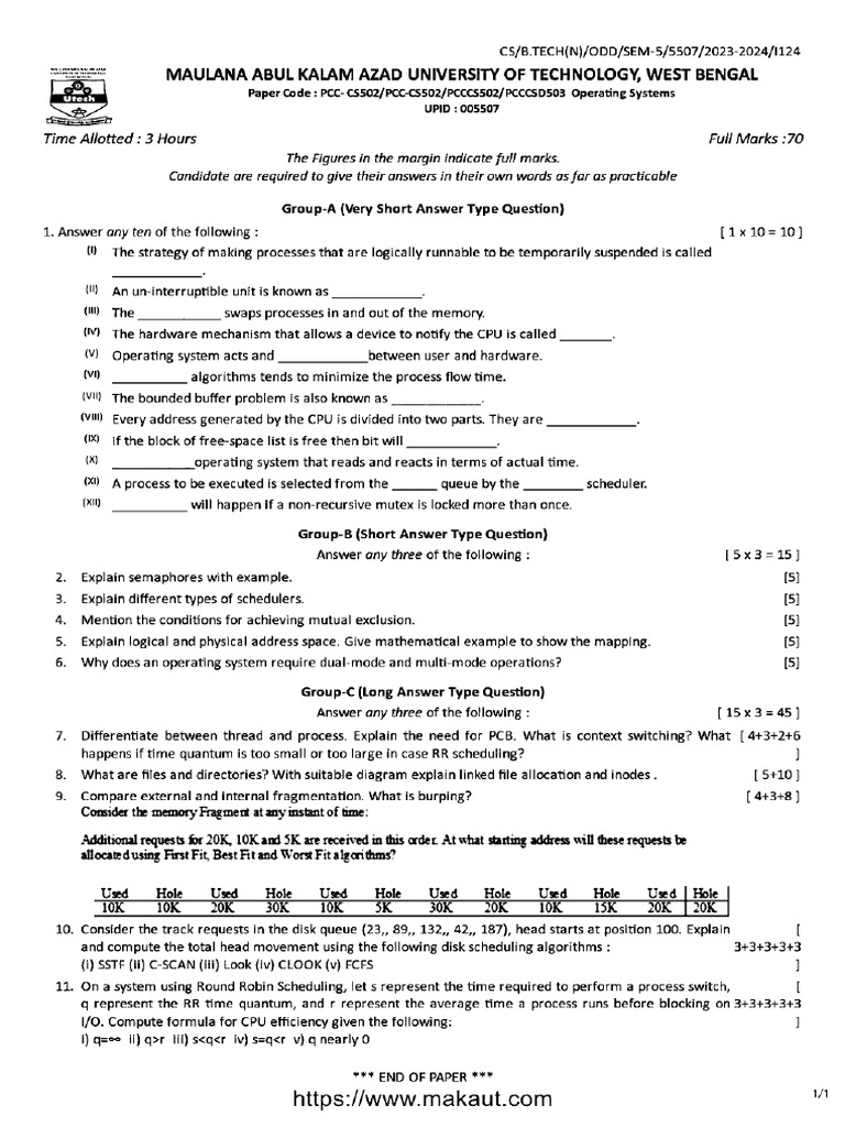 Btech PCC 5 Sem Operating Systems PCC Cs502 2024 | PDF