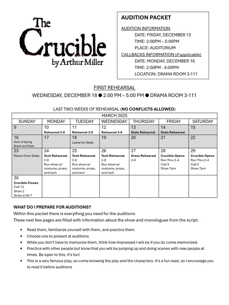 The Crucible Audition Packet | PDF | Witchcraft | Witch Hunting