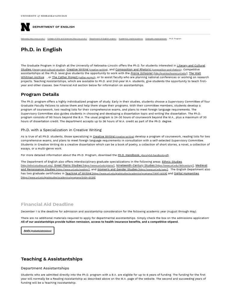 University of Nebraska-Lincoln - Ph.D. in English - Department of English | PDF | Doctor Of ...
