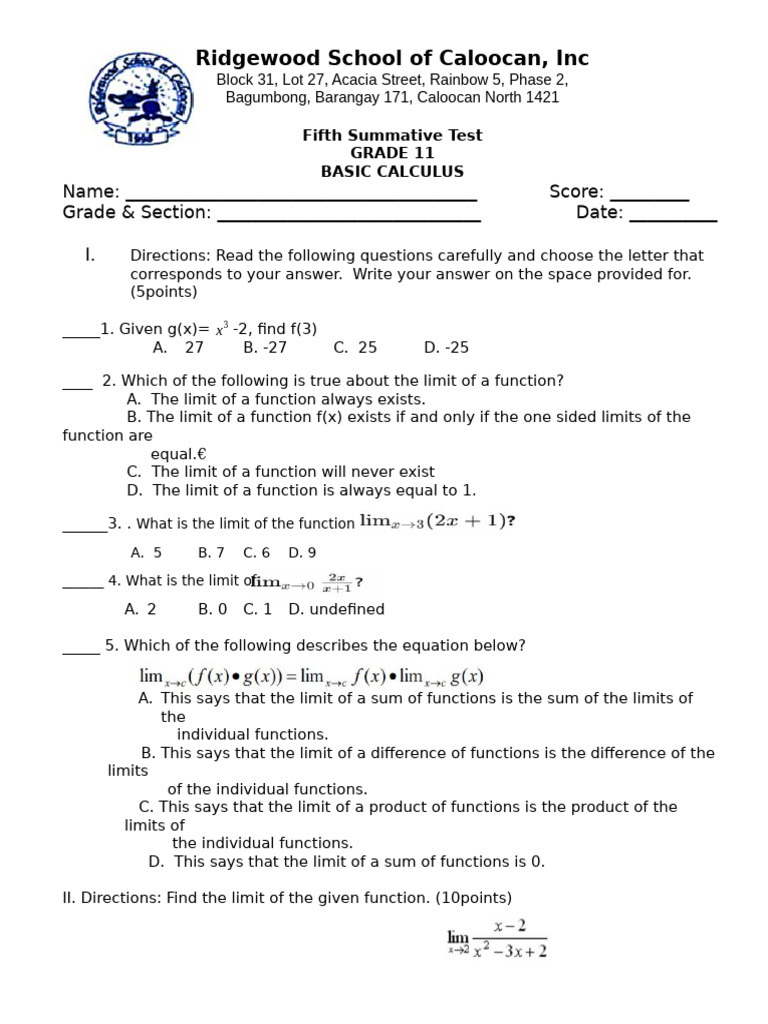 BASIC CALCULUS Fifth Summative Test | PDF