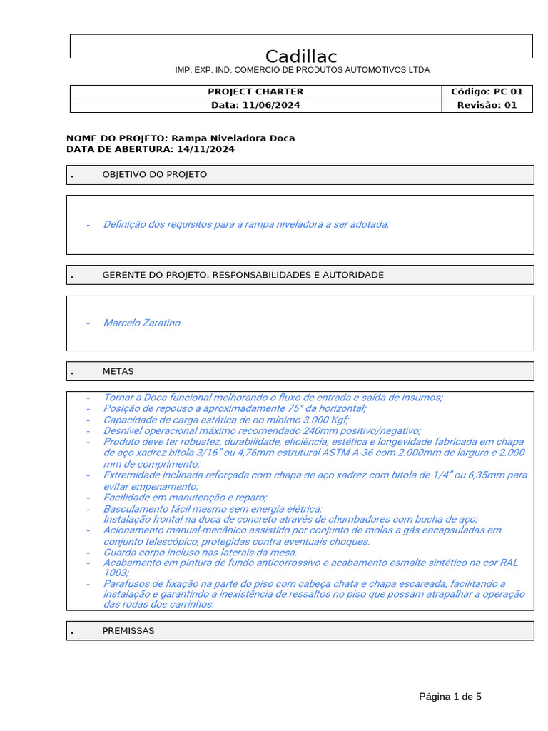 PROJECT CHARTER - Rampa Niveladora Da Doca | PDF
