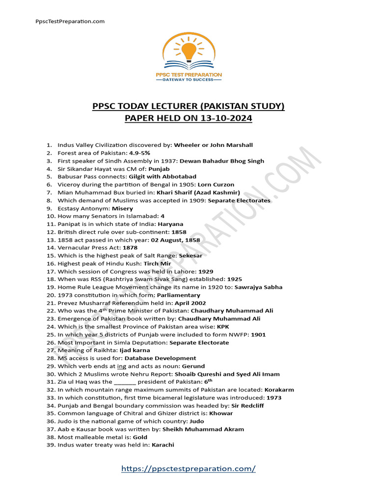 PPSC Today Lecturer (Pakistan Study) | PDF