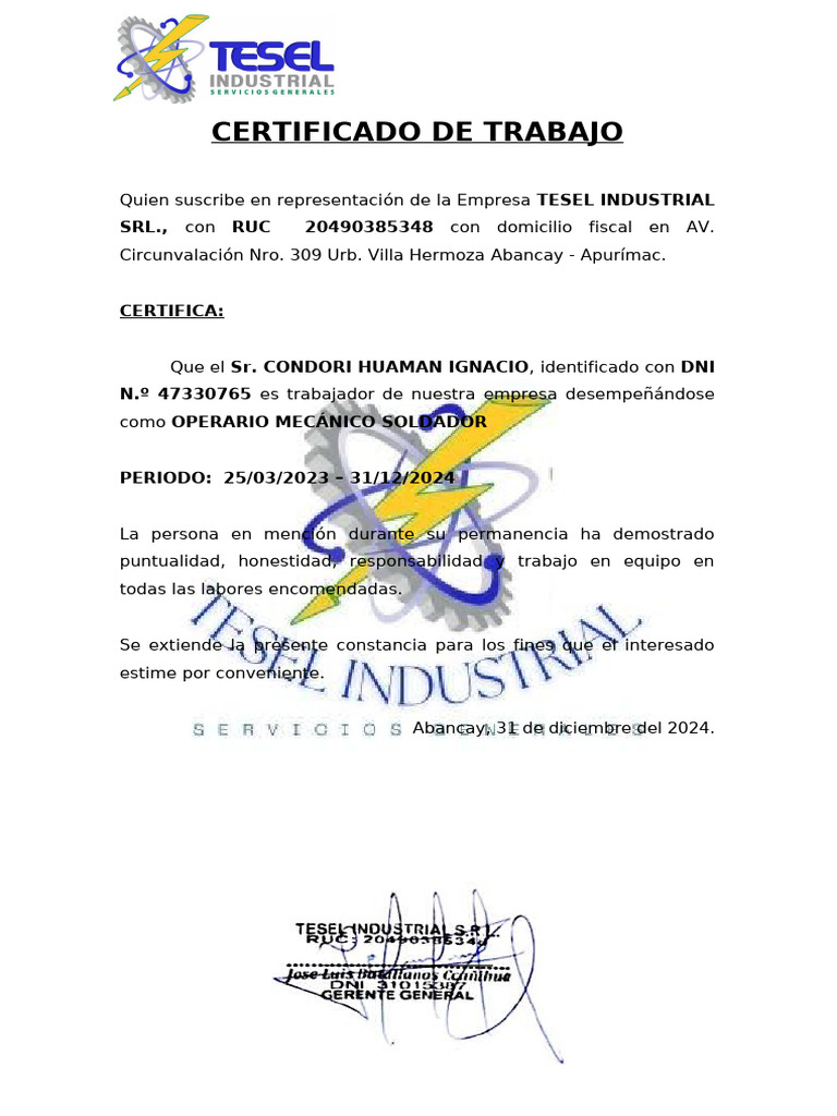 CERTIFICADO DE TRABAJO TESEL INDUSTRIAL 2025 | PDF