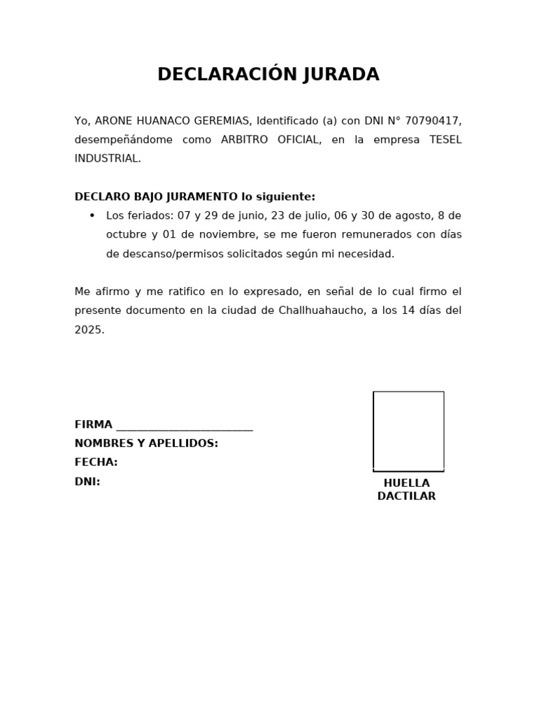 Declaracion Jurada Trabajadores | PDF