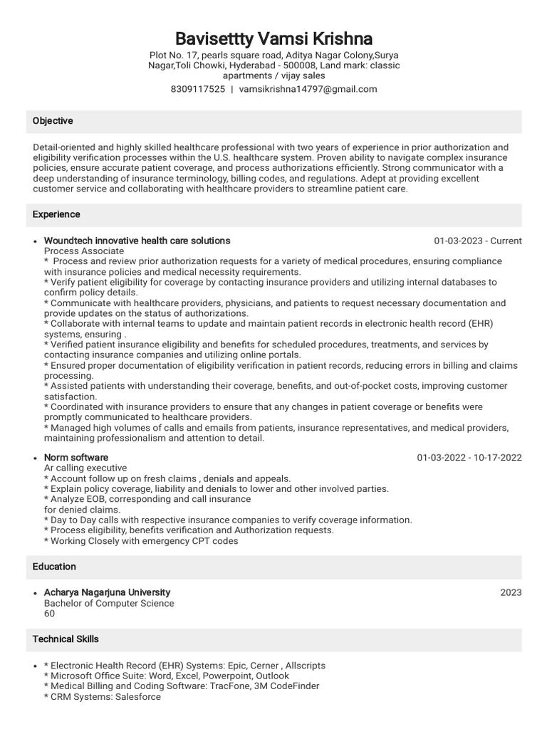 Vamsi Krishna Resume 2.10 AR | PDF | Electronic Health Record | Patient