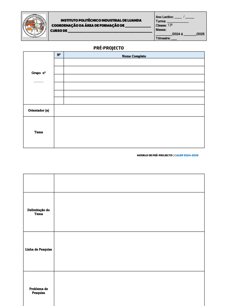 Acompanhamento Do Pré-Projecto - Modelo Inicial 18-Jan-2025 | PDF | Science | Metodologia