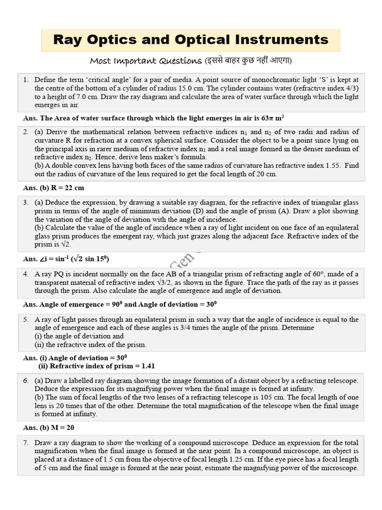 Ray Optics and Wave Optics Important Questions | PDF | Diffraction | Refractive Index