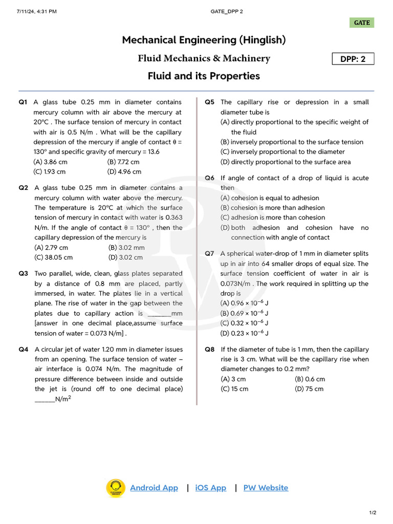 Fluid and Its Properties - DPP 02 | PDF | Drop (Liquid) | Classical Mechanics