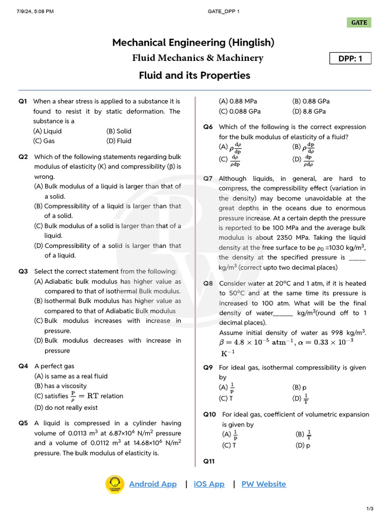 Fluid and Its Properties - DPP 01 | PDF | Liquids | Elasticity (Physics)