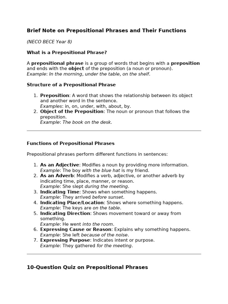 Brief Note On Prepositional Phrases and Their Functions | PDF | English Grammar | Adverb