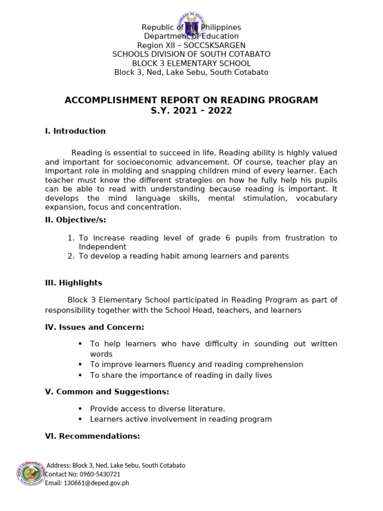 READING ACCOMPLISHMENT REPORT 2023-2024 | PDF | Reading Comprehension ...