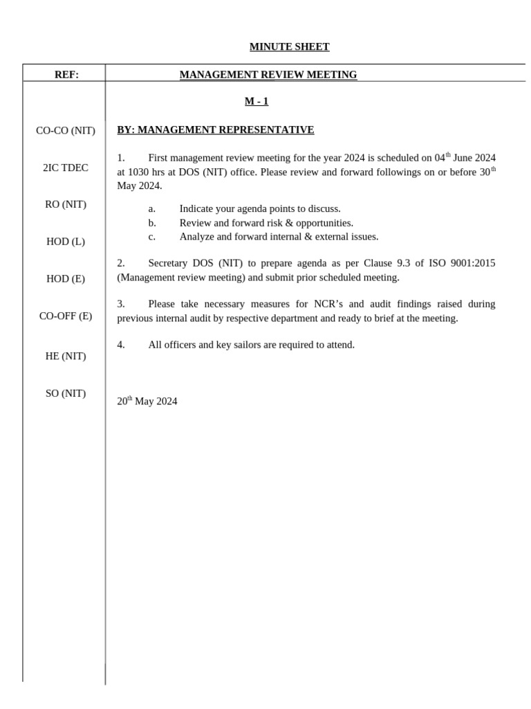 Minute Sheet For 1st MR Meeting 2024 | PDF