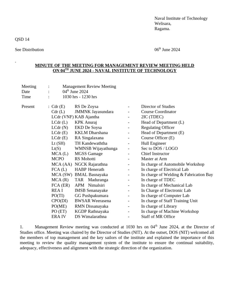 Management Review Meeting Minutes - NIT | PDF | Audit | Quality ...