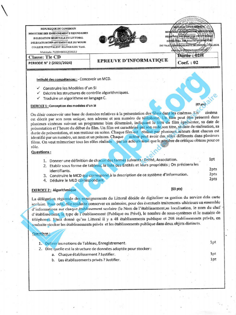 Informatique TleCD Evaluation2 College DU VAAL Novembre 2023 | PDF