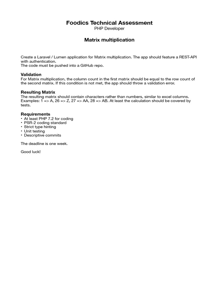 Foodics PHP Assignment - Matrix Multiplication | PDF