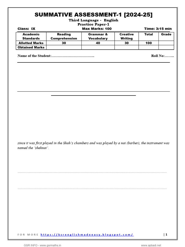 9th Class English SA1 Model Paper 2024-25 | PDF | Pie Chart | Linguistics