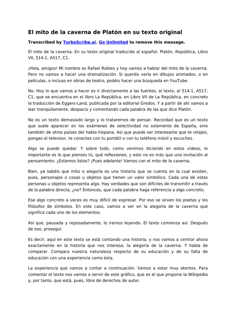 Mito de la Caverna: Análisis y Reflexión | PDF | Platón | Realidad