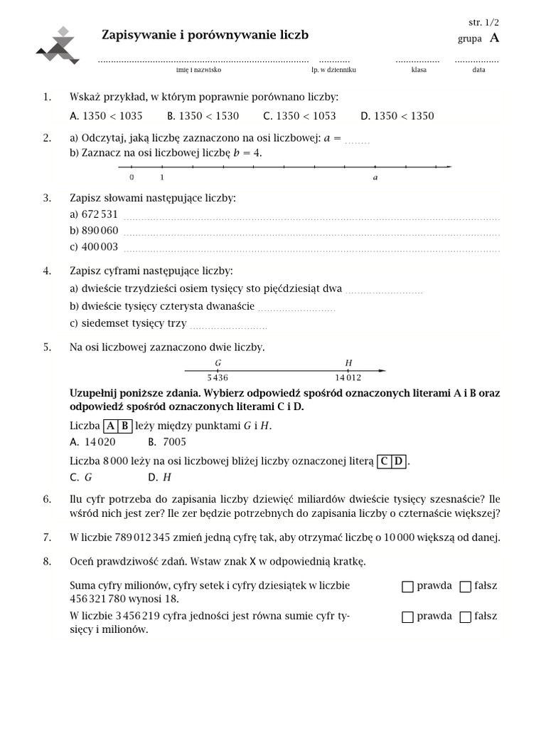 1.1 Zapisywanie I Porównywanie Liczb | PDF