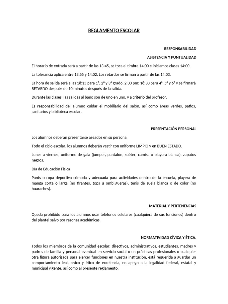 REGLAMENTO ESCOLAR | PDF | Maestros | Comportamiento