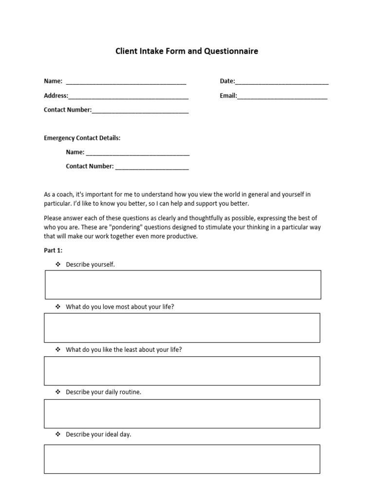 Client Intake Form for Coaching Sessions | PDF | Behavioural Sciences ...