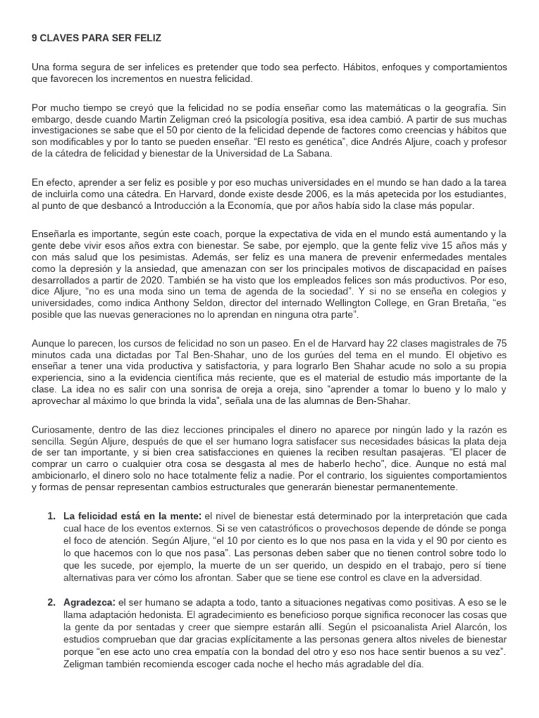 9 Claves para Ser Feliz y 9S | PDF | Felicidad | Bienestar