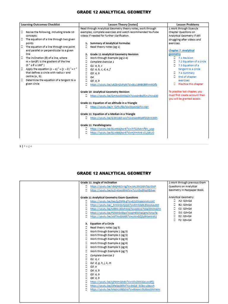 Grade 12 Analytical Geometry Schedule - 241007 - 135454 | PDF ...