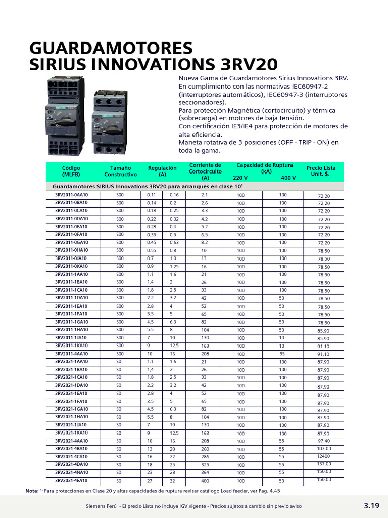 Guardamotores SIRIUS 3RV20 Siemens | PDF