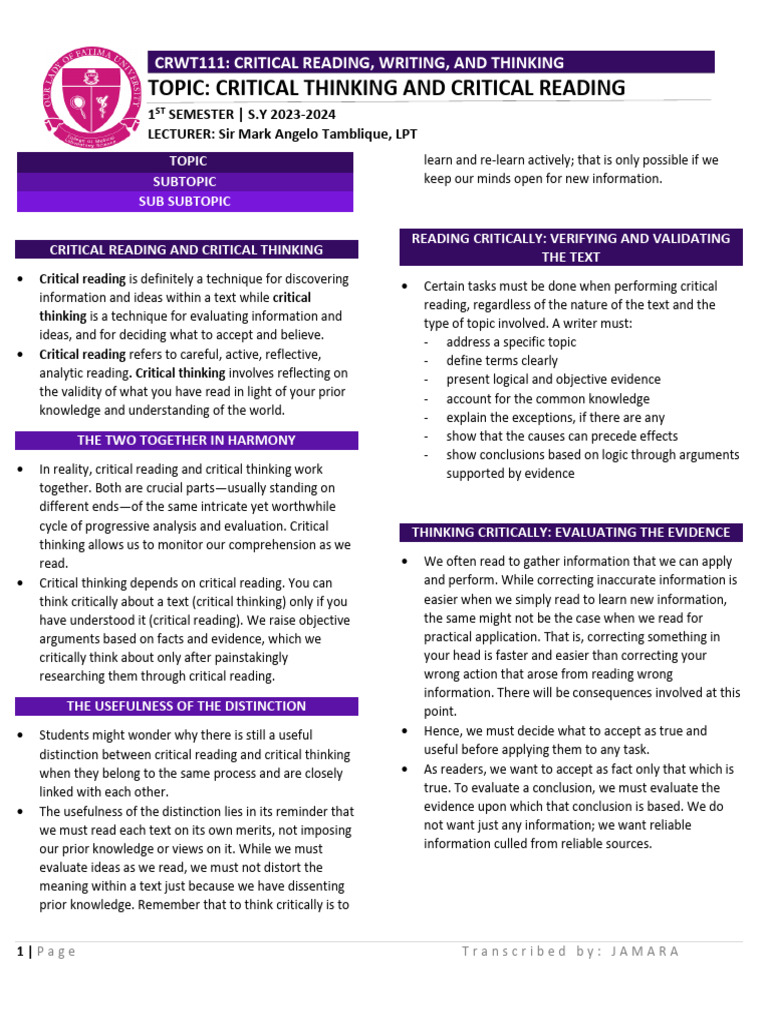 4 Critical Thinking and Critical Reading | PDF | Critical Thinking ...