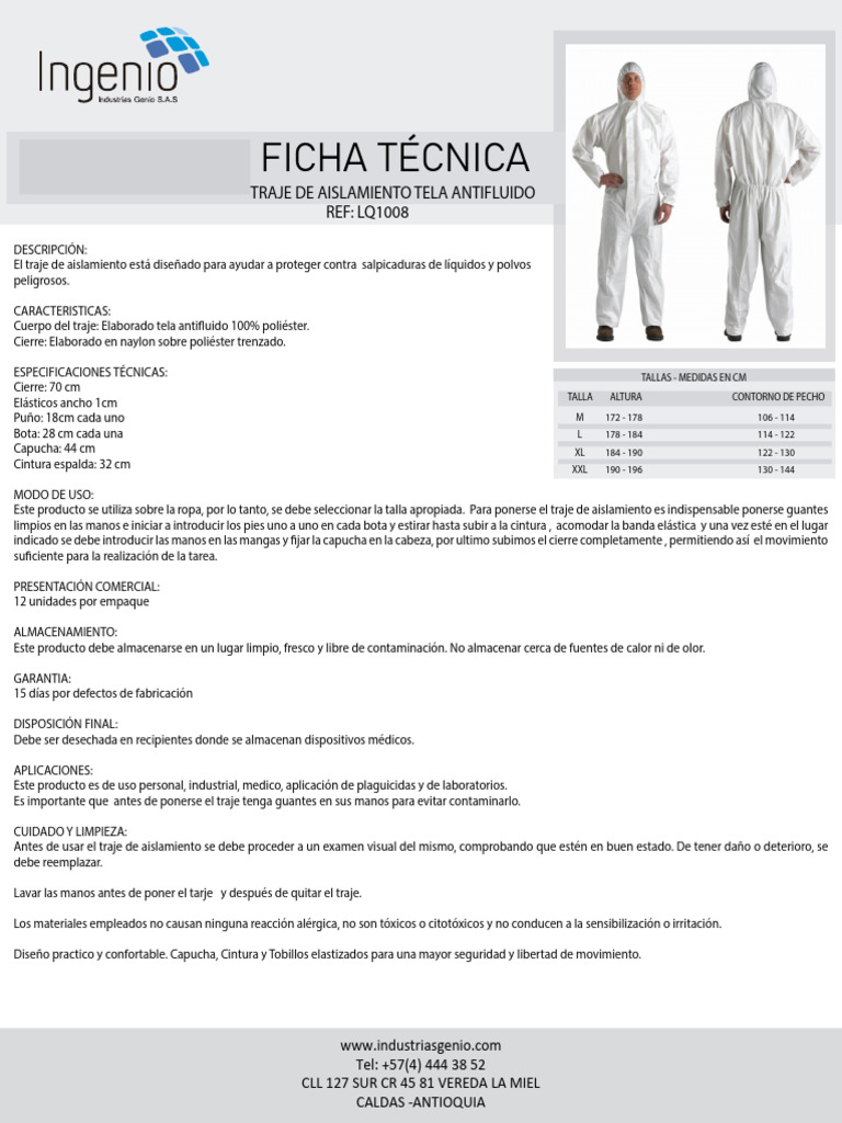 Ficha Tecnica Traje Aislamiento Antifluido | PDF