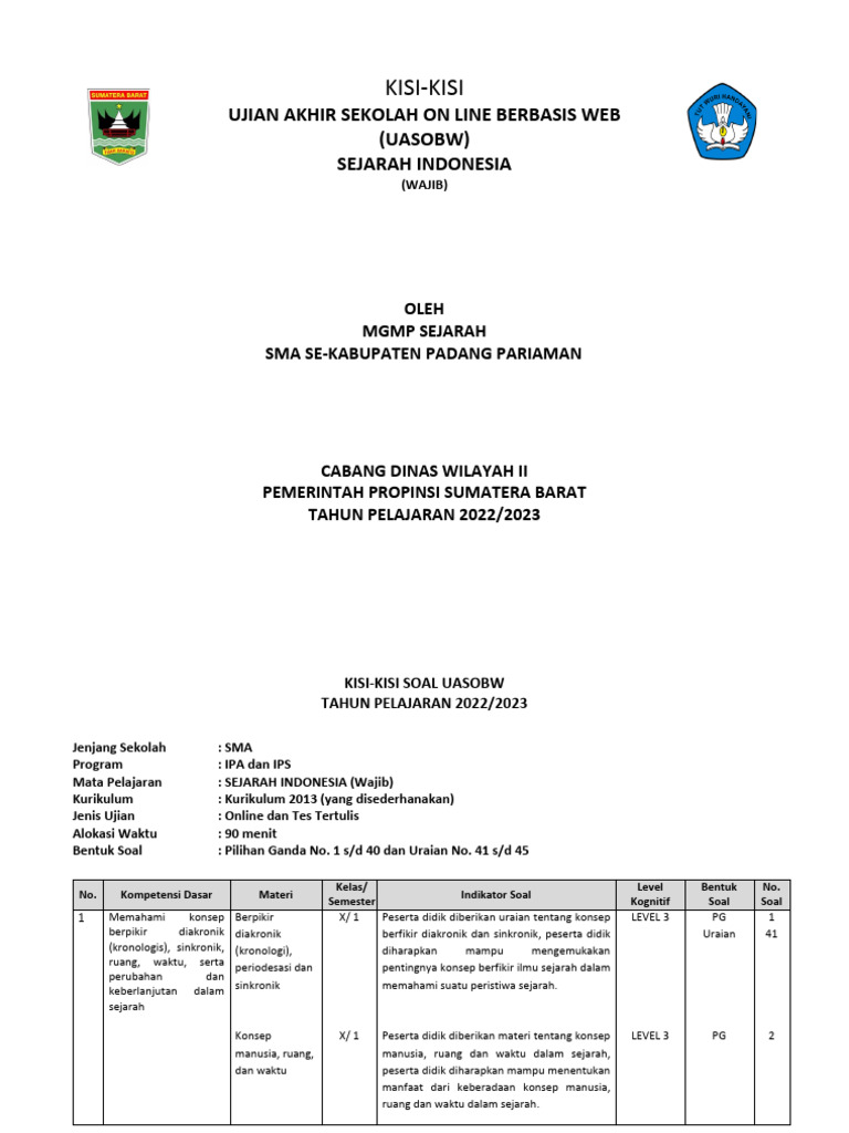 KISI KISI UASOBW SEJARAH (WAJIB) TH 2023 - Hasnah Faizah | PDF