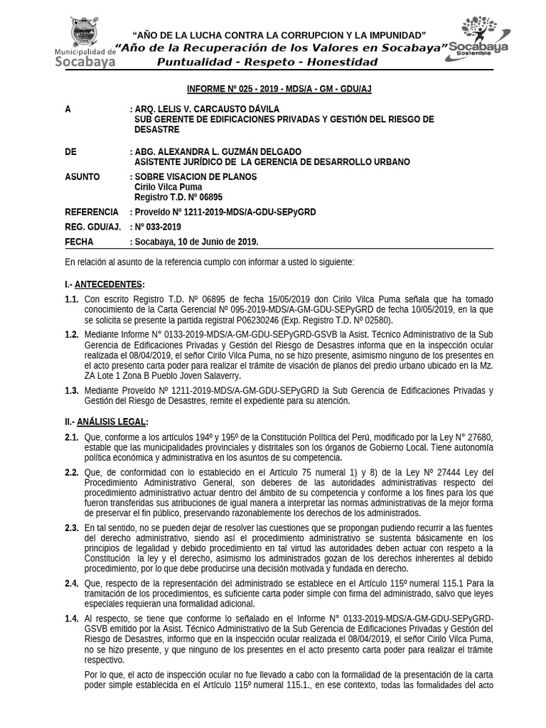 INFORME #025-2019 SOBRE VISACION DE PLANOS CIRILO VILCA PUMA - SGEPyGRD | PDF | Justicia ...