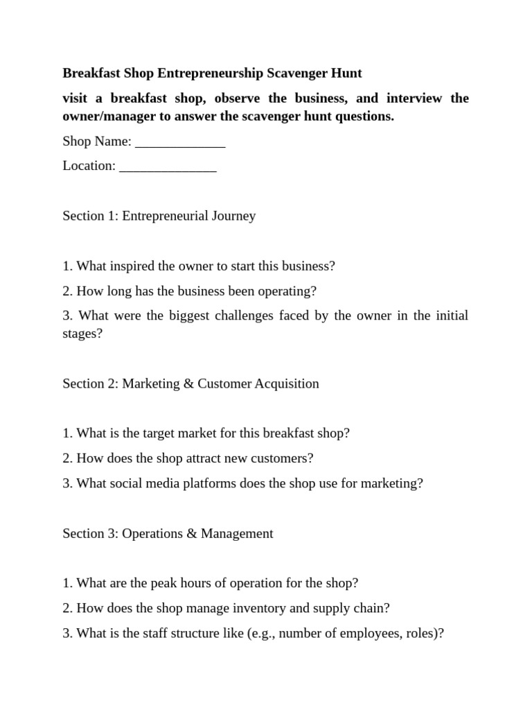 Breakfast Shop Entrepreneurship Scavenger Hunt | PDF