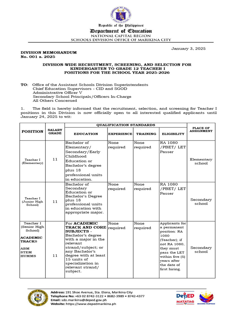 Division Memorandum No. 001 S. 2025 - Division-Wide Recruitment ...
