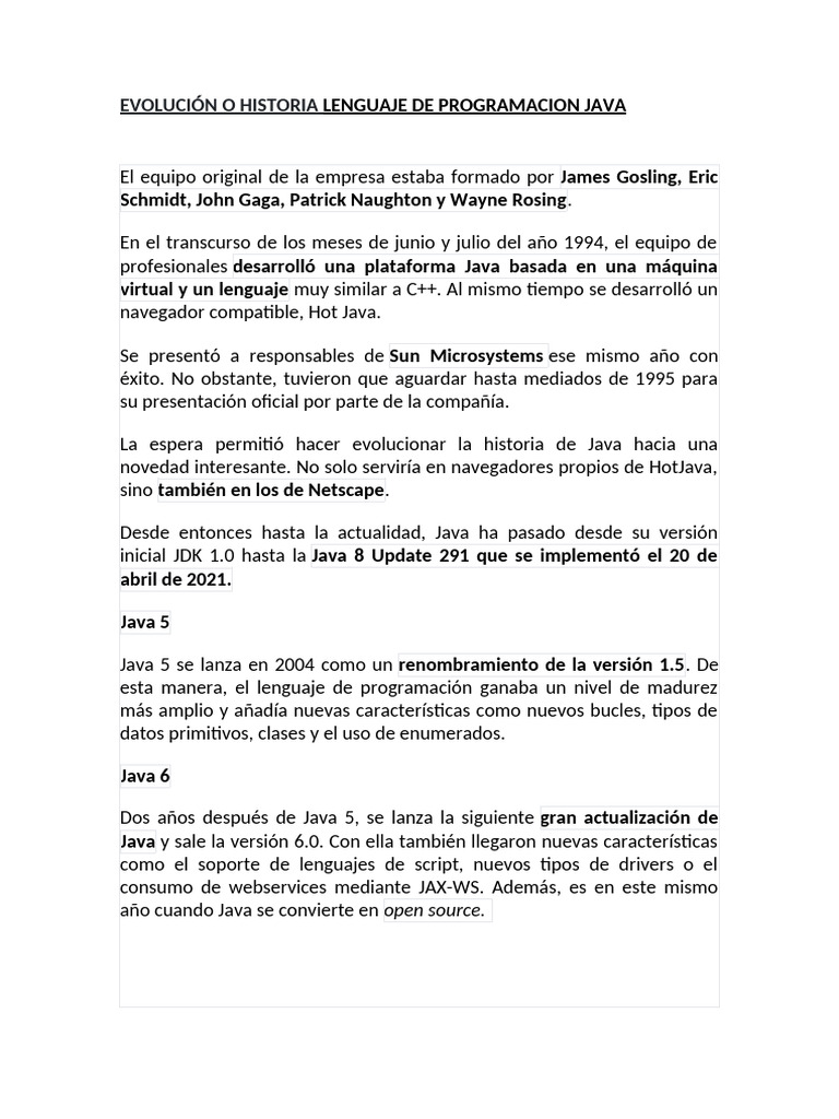 Evolución o Historia Lenguaje de Programacion Java | PDF | Java (lenguaje de programación ...
