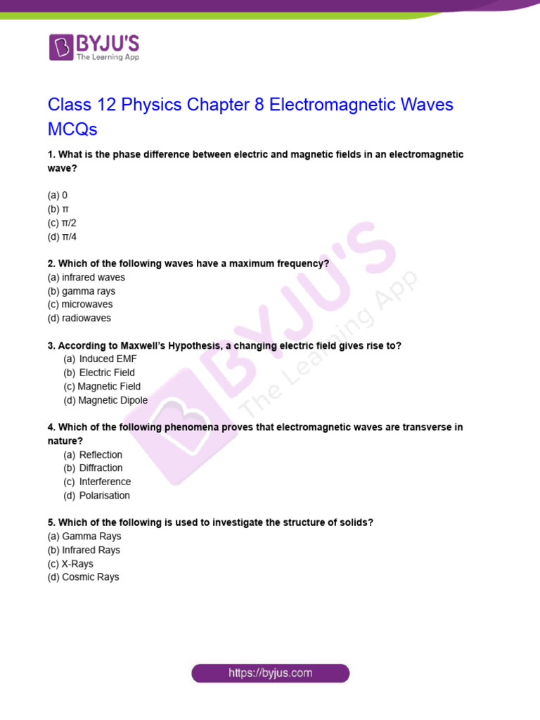 Class 12 Physics Chapter 8 Electromagnetic Waves MCQs | PDF