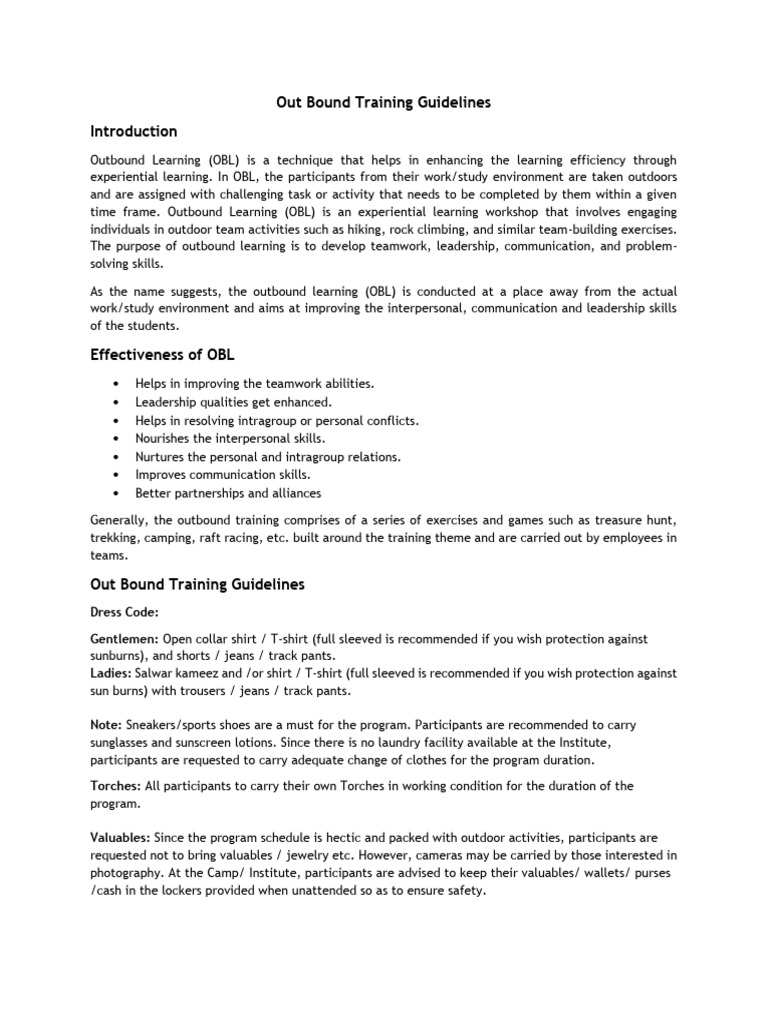 Out Bound Training Guidelines | PDF | Team Building | Clothing
