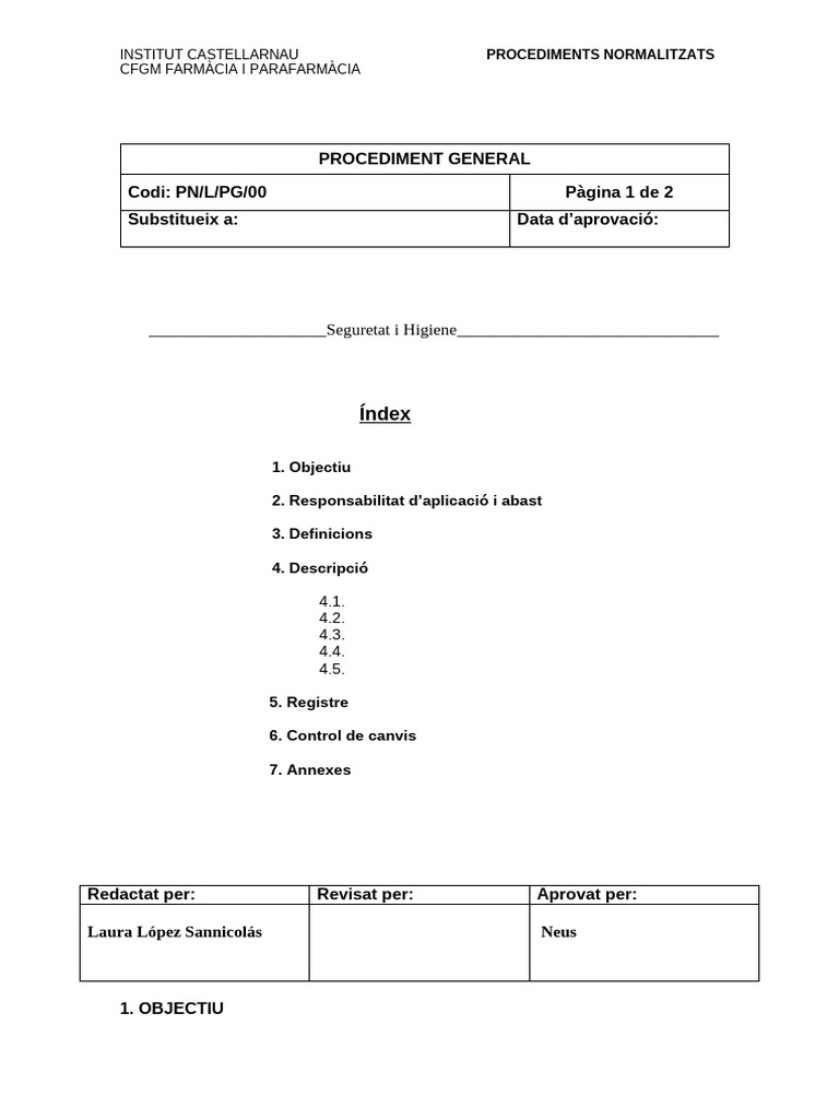 Procediment General Codi: PN/L/PG/00 Pàgina 1 de 2 Substitueix A: Data D'aprovació | PDF