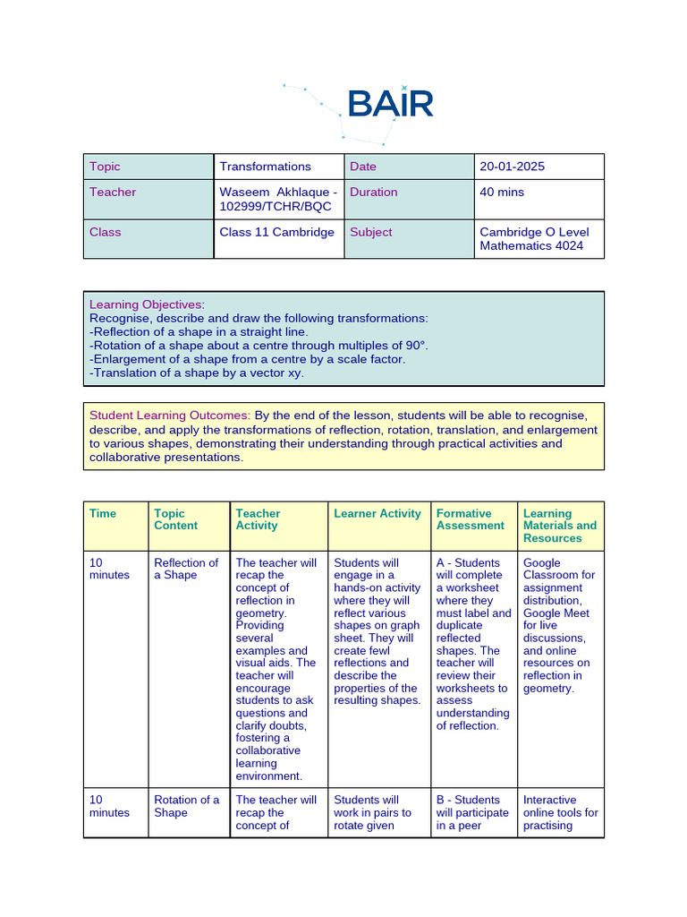 O Level Maths: Transformations Lesson Plan | PDF | Shape | Teachers