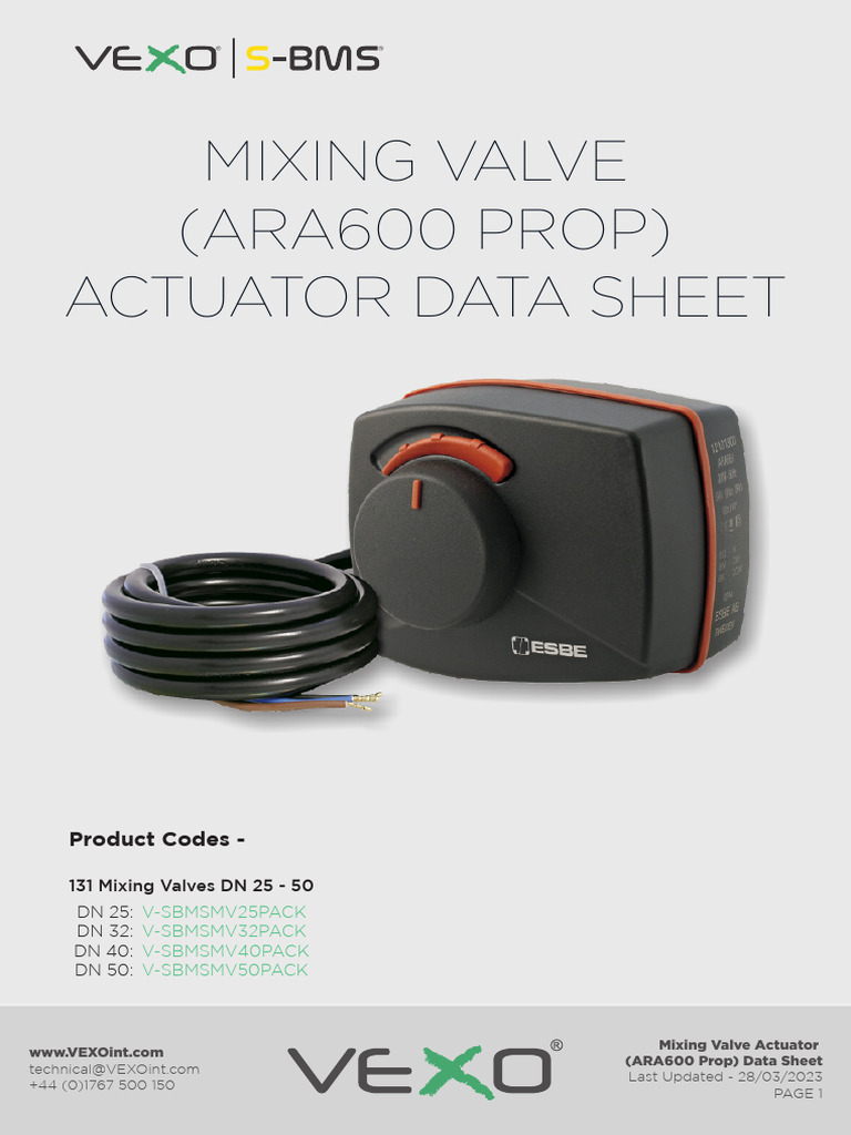 VEXO Mixing Valve Actuator (ARA600 Prop) Data Sheet Mar-23 | PDF | Alternating Current | Actuator