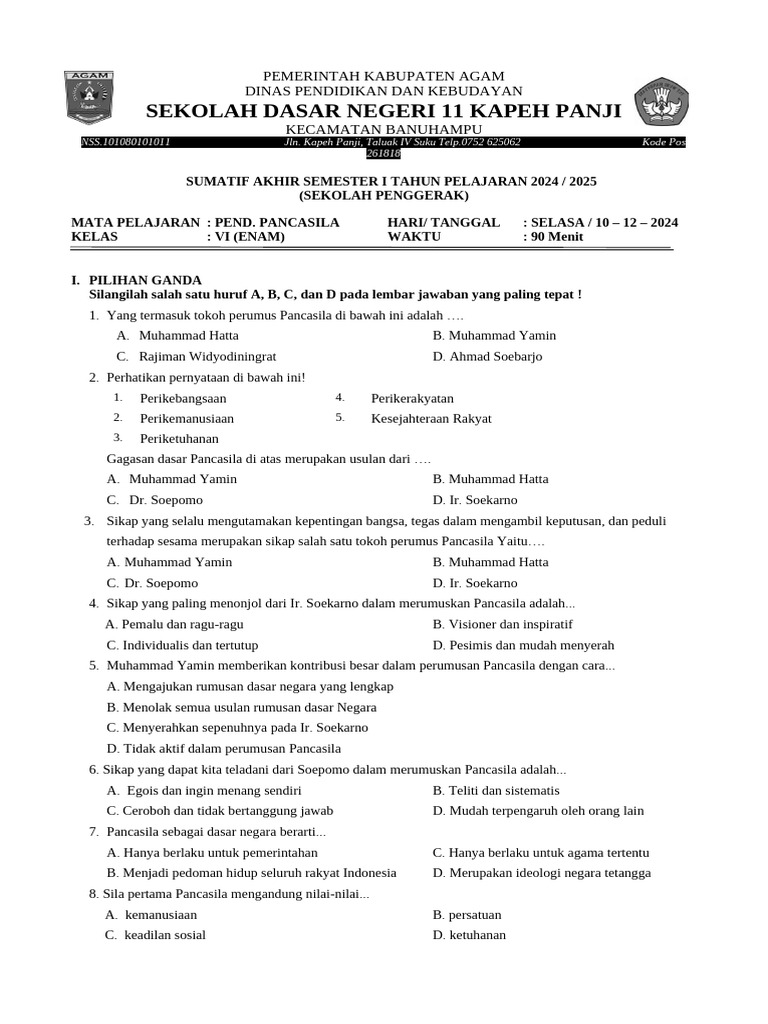 Soal Sas 1 Pend. Pancasila | PDF