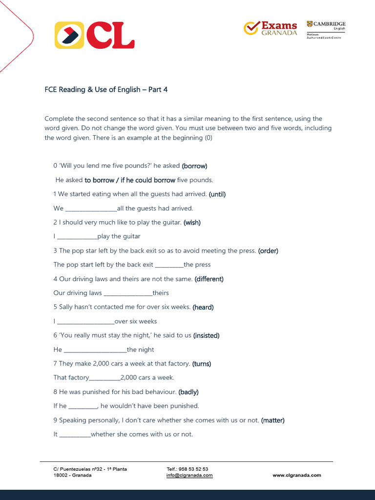 B2 First Reading & Uoe Part 4 - Sentence Transformation 3 | PDF