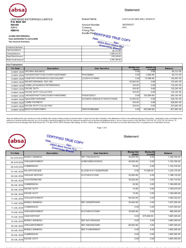 Lakewaso Bank Statement | PDF