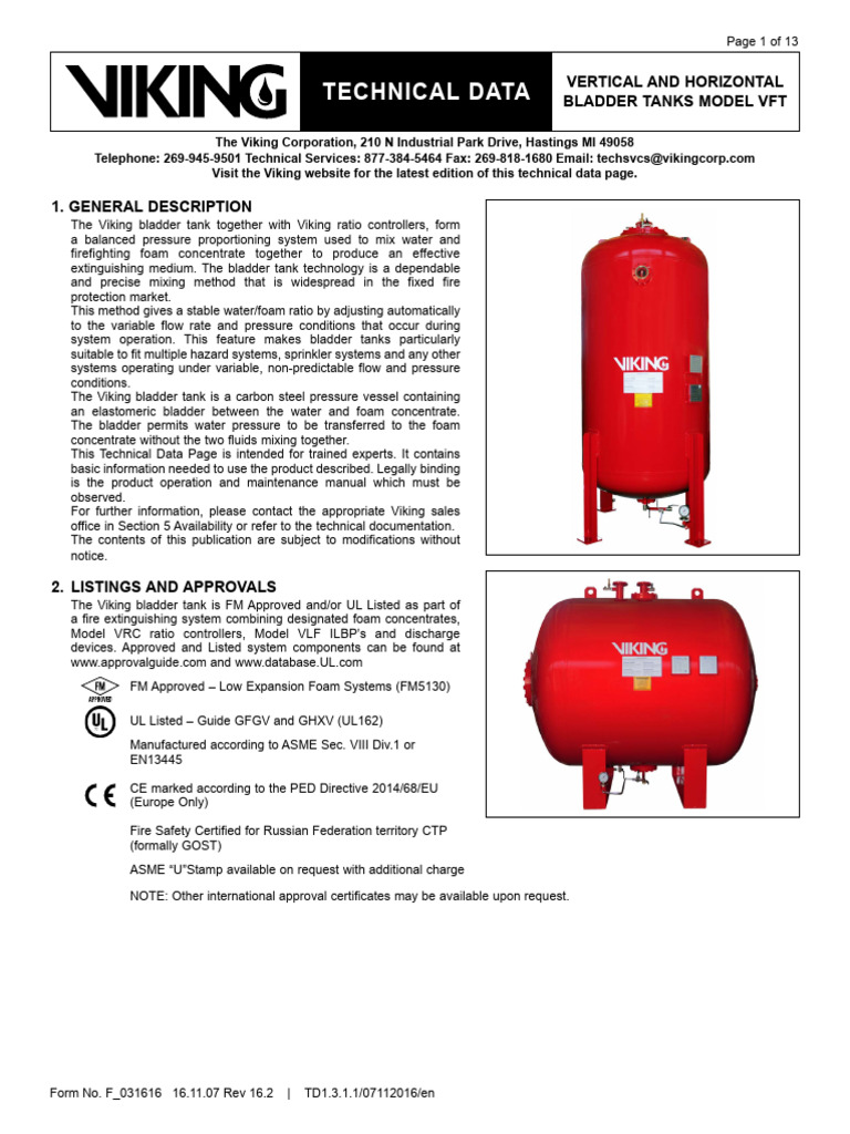 Viking Bladder Tanks Model VFT Specs | PDF | Valve | Epoxy