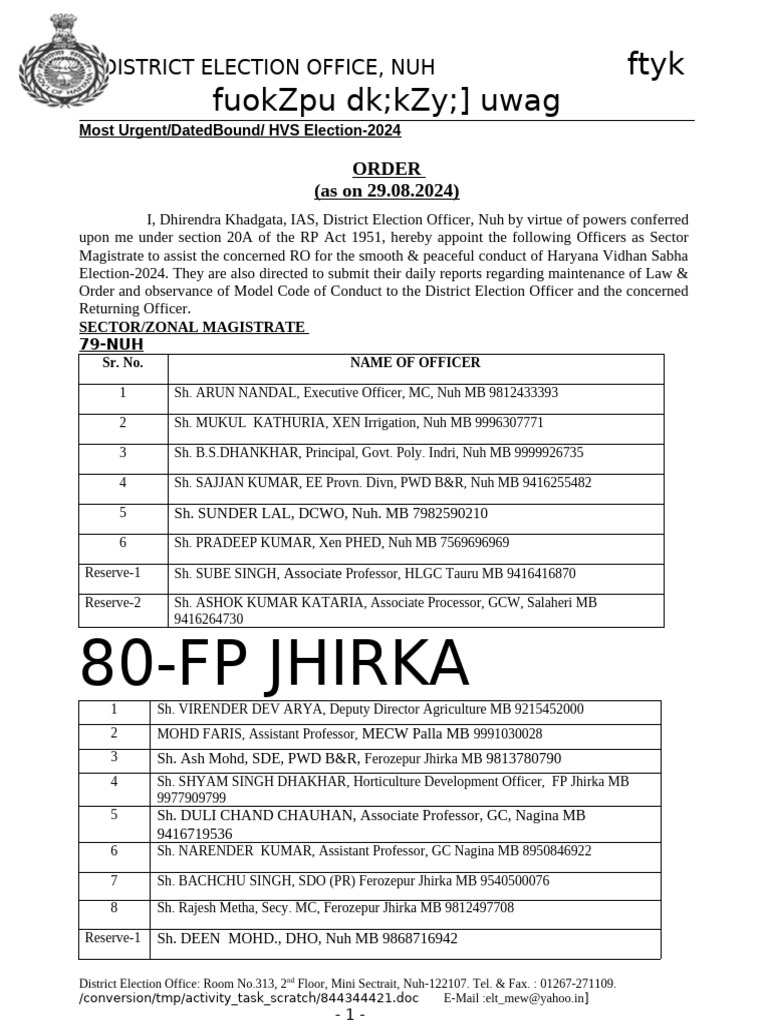 HVS Election Duty Order 2024 | PDF | Politics Of India