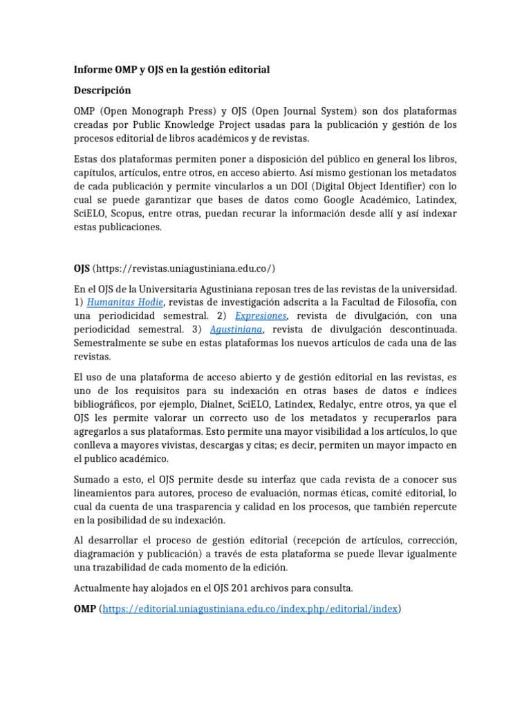 Informe Uso de OMP y OJS | PDF | Acceso abierto | Ciencias de la Información