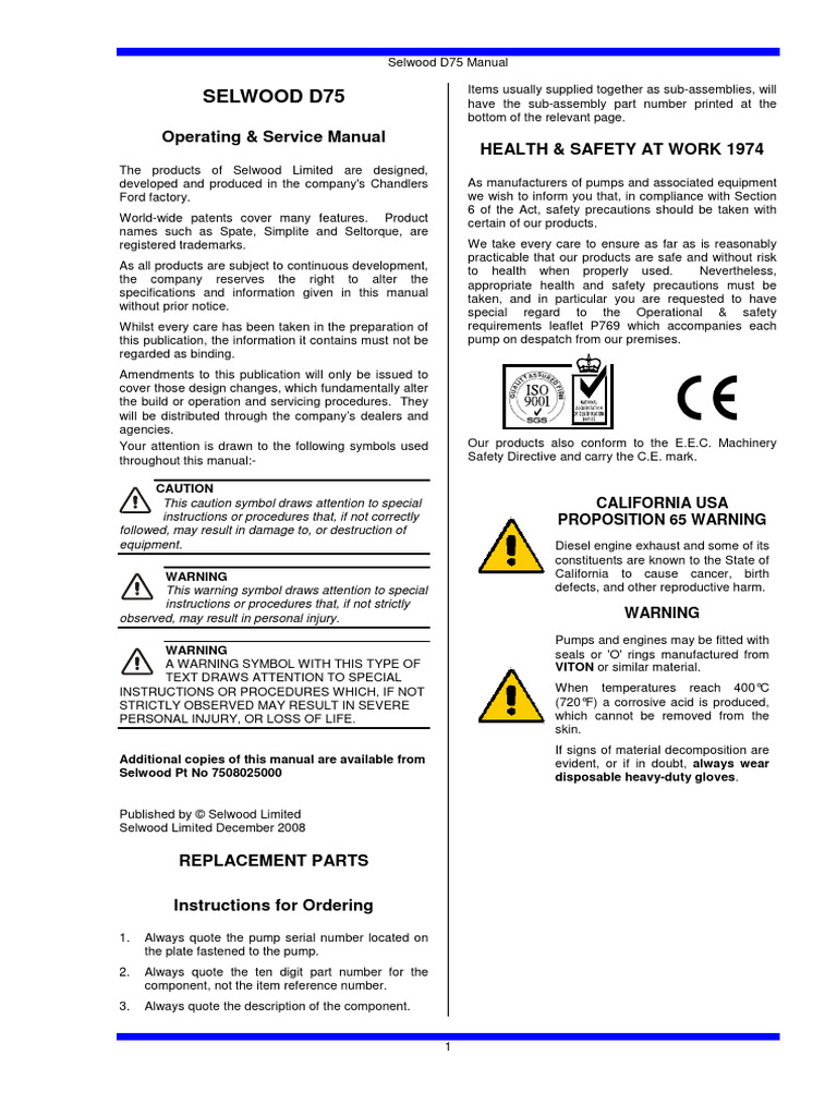 Selwood D75 Operating Manual | PDF | Pump | Tap (Valve)