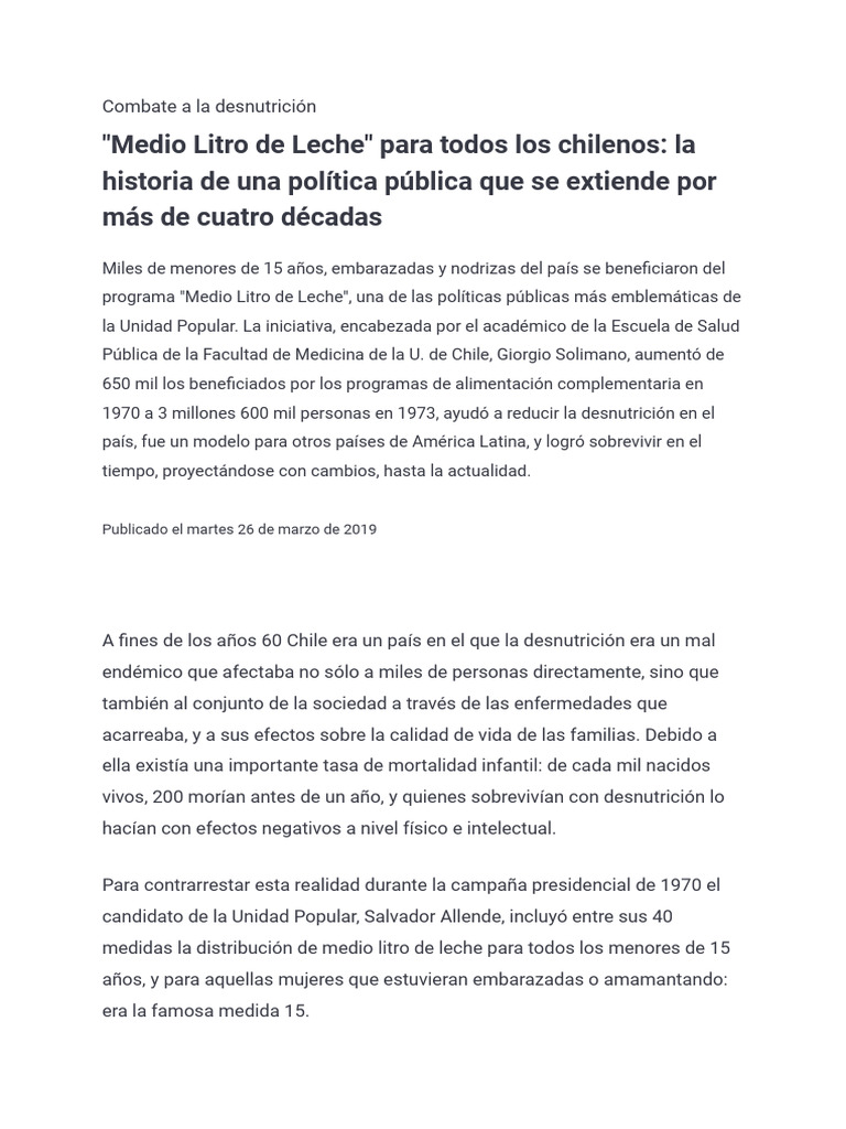 Medio Litro de Leche para Todos Los Chilenos La Historia de Una ...